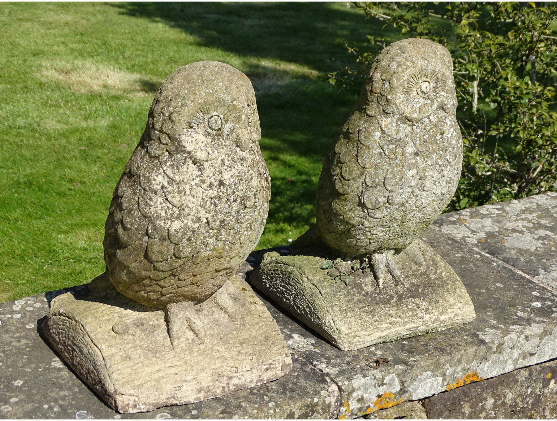 Pair Weathered Stone Owls|Vintage Composition Stone Garden Ornaments|