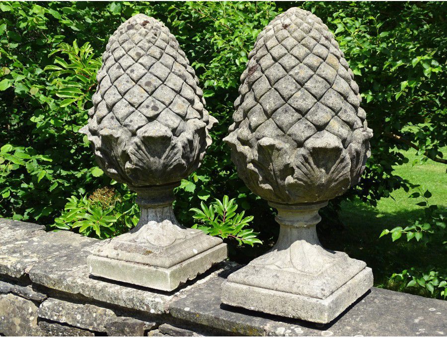 Pair Of Pineapple Gate Finials|Weathered Composition Stone Finials|