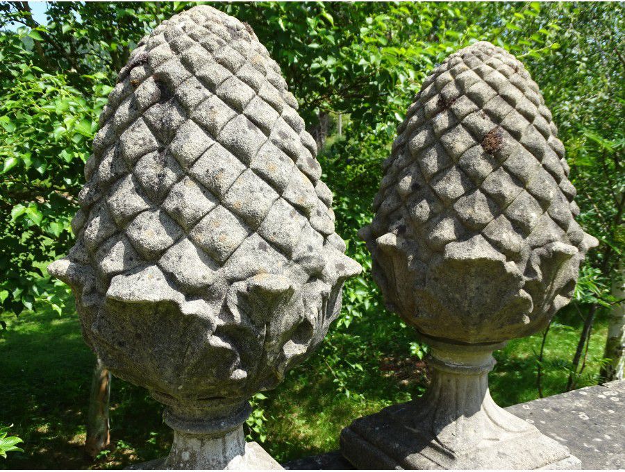 Pair Of Pineapple Gate Finials|Weathered Composition Stone Finials|