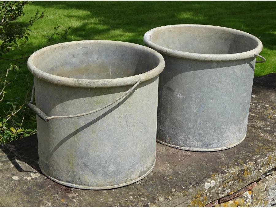 Pair Vintage Galvanised Planters|Old Pails With Handles|English Origin|
