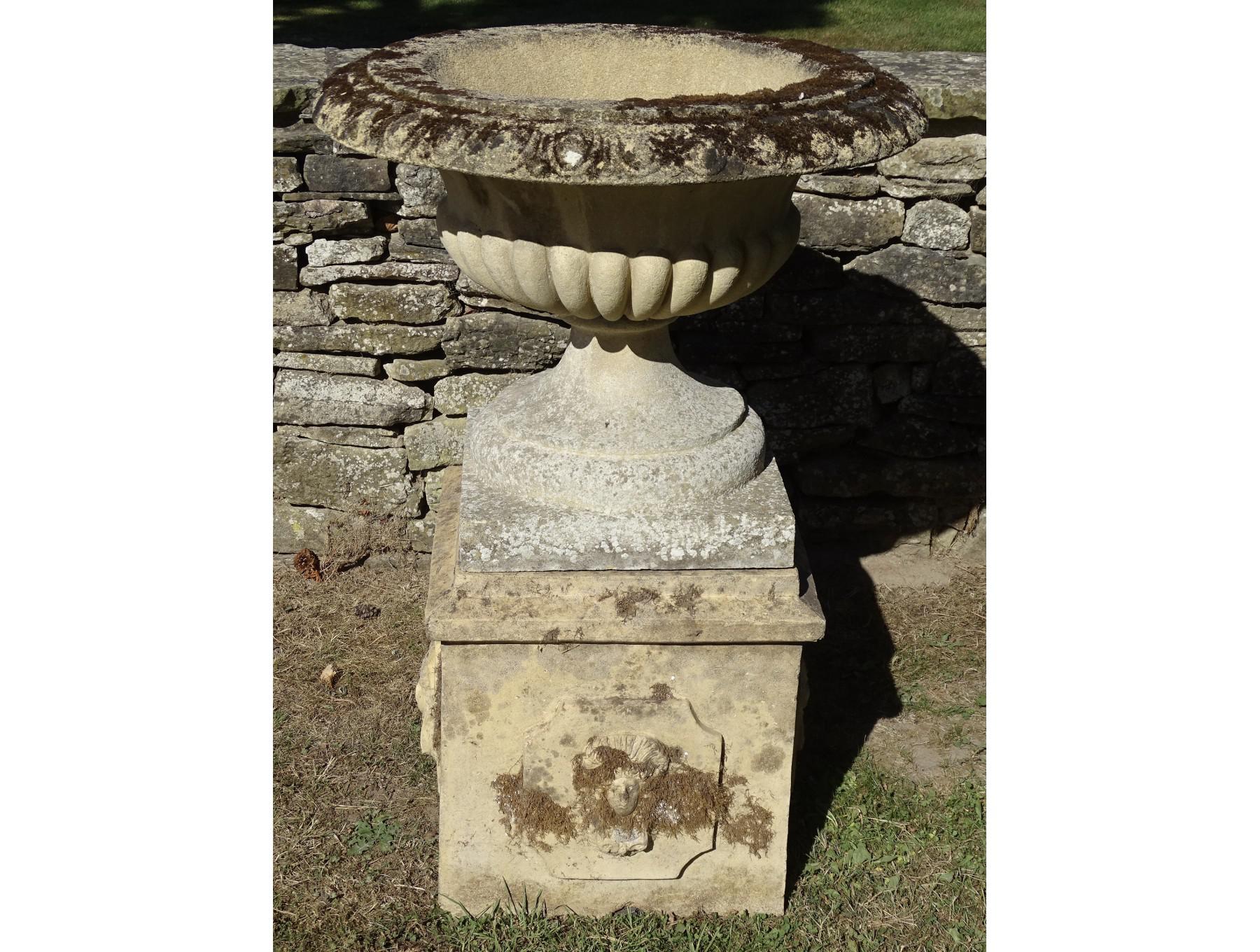 Weathered Garden Urn on Plinth|
