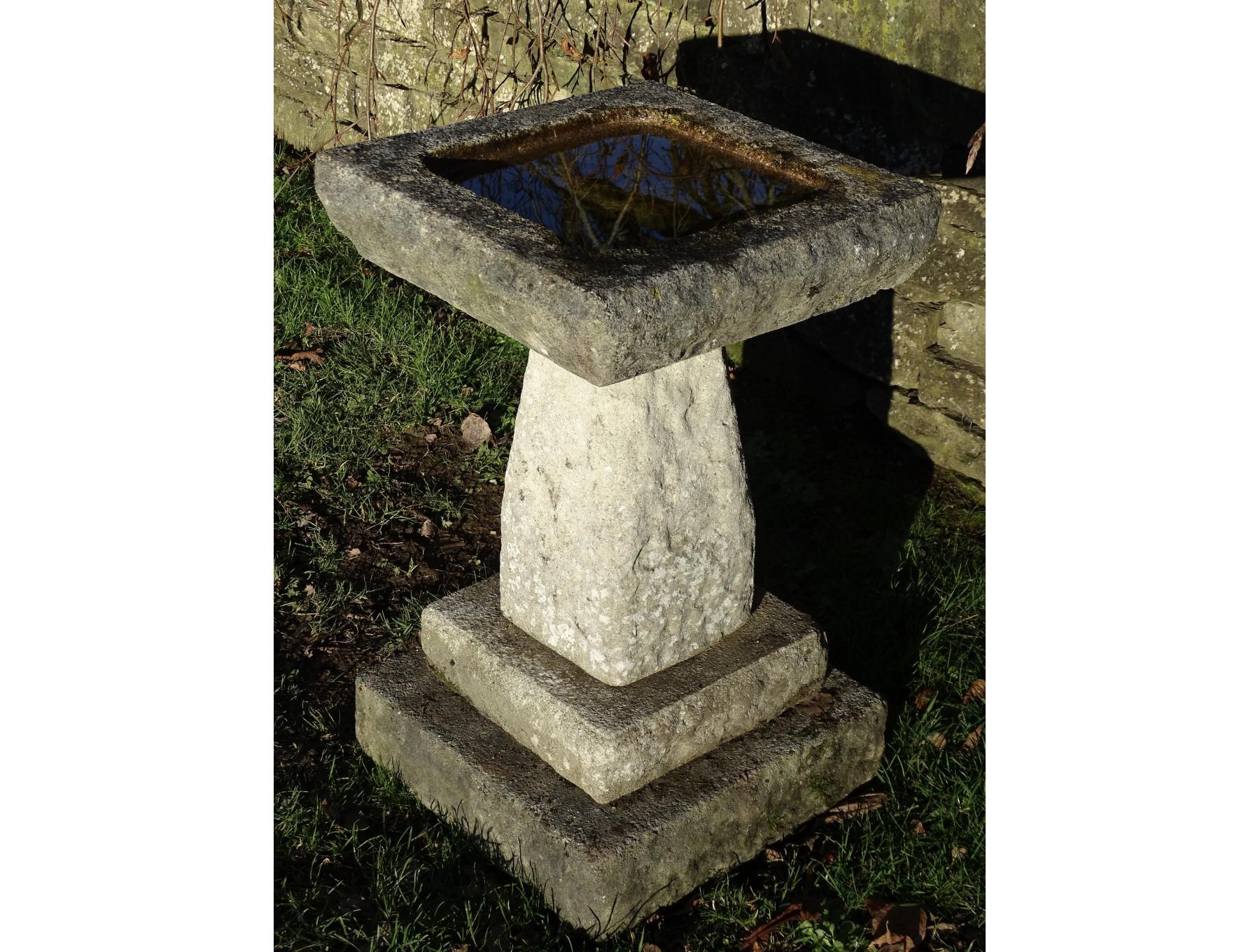 Weathered Square Garden Birdbath|