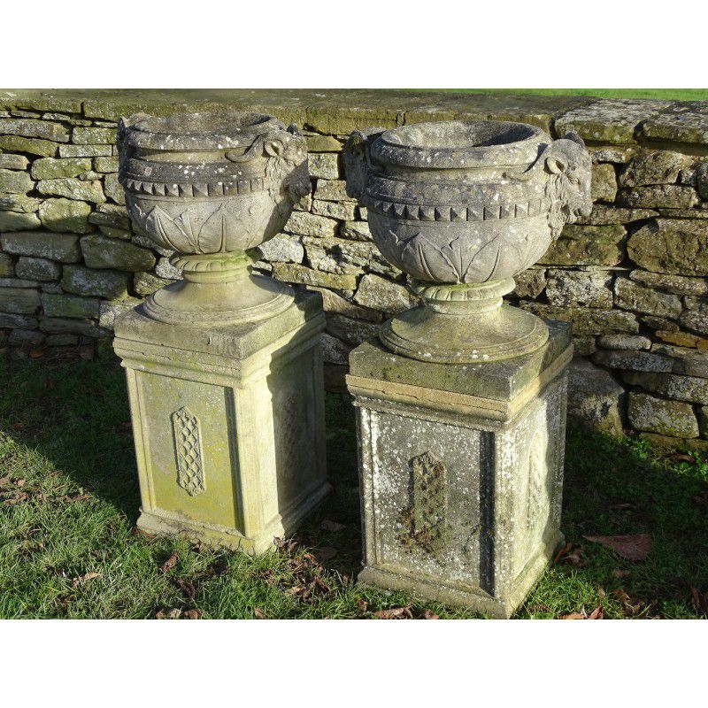Weathered Urns on Plinth (Pair)|