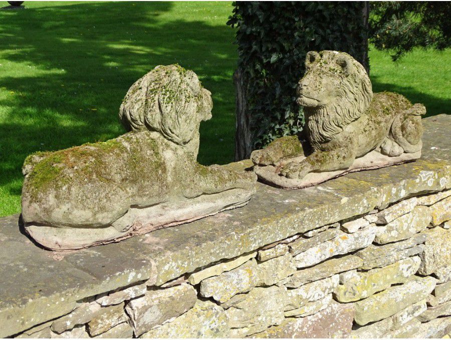 Weathered Composition Stone Lions (Pair)|