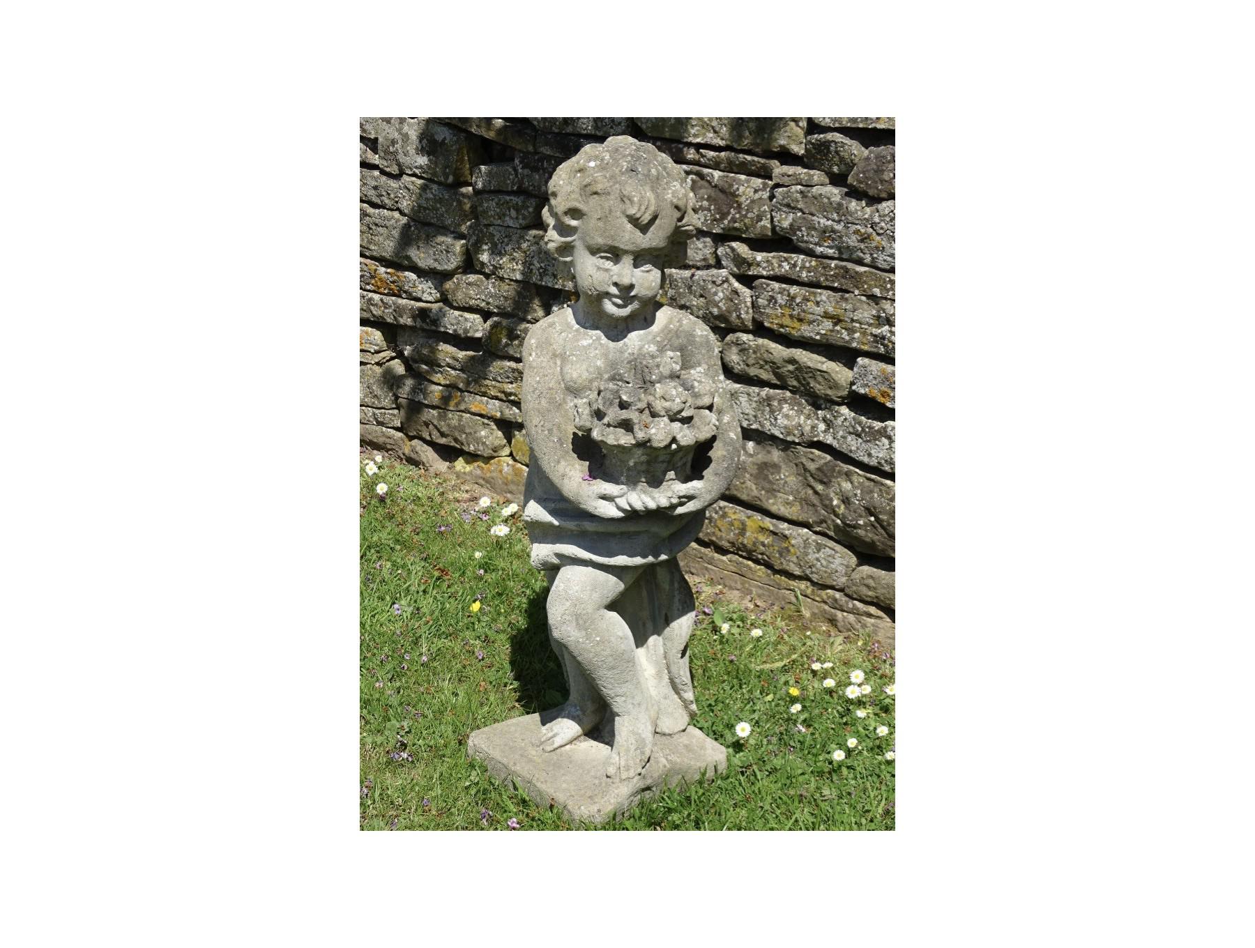 Weathered Stone Putto with Flowers|