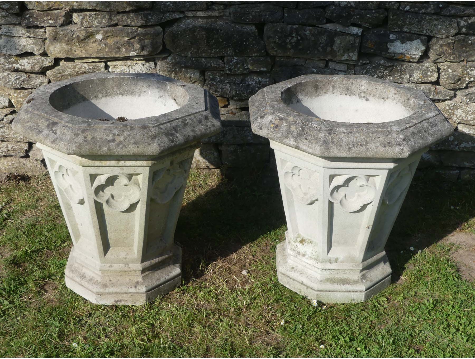 Weathered Haddonstone Gothic Vases (Pair) | Holloways Garden Antiques