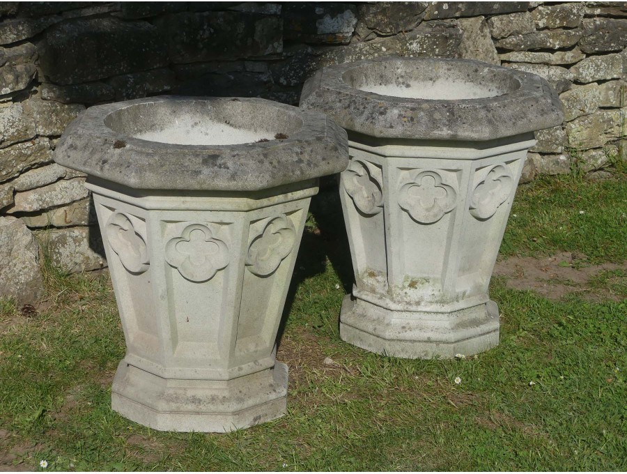 Weathered Haddonstone Gothic Vases (Pair) | Holloways Garden Antiques