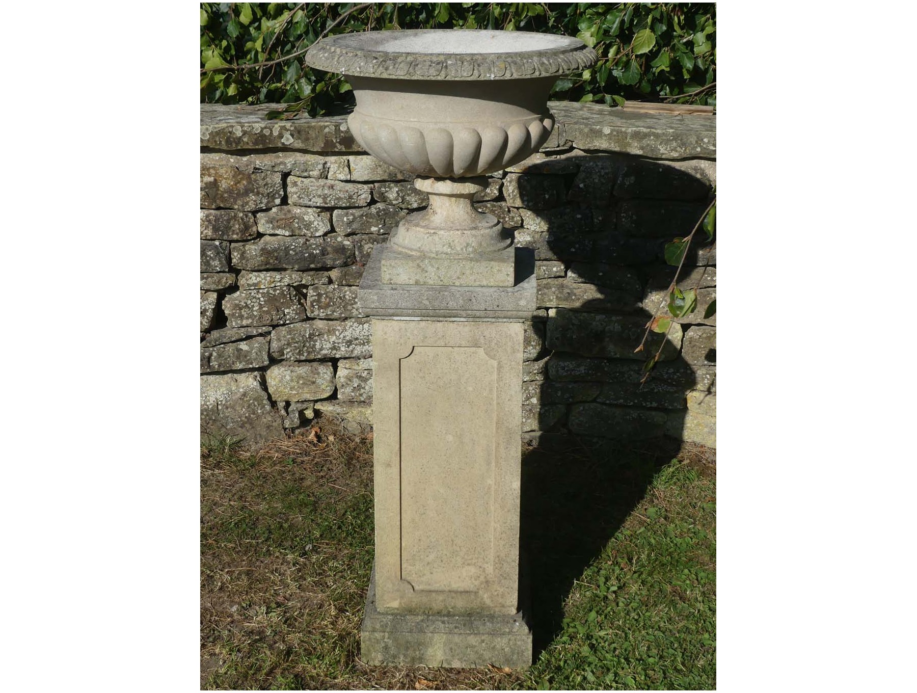 Weathered Haddonstone Urn on Plinth | Holloways Garden Antiques
