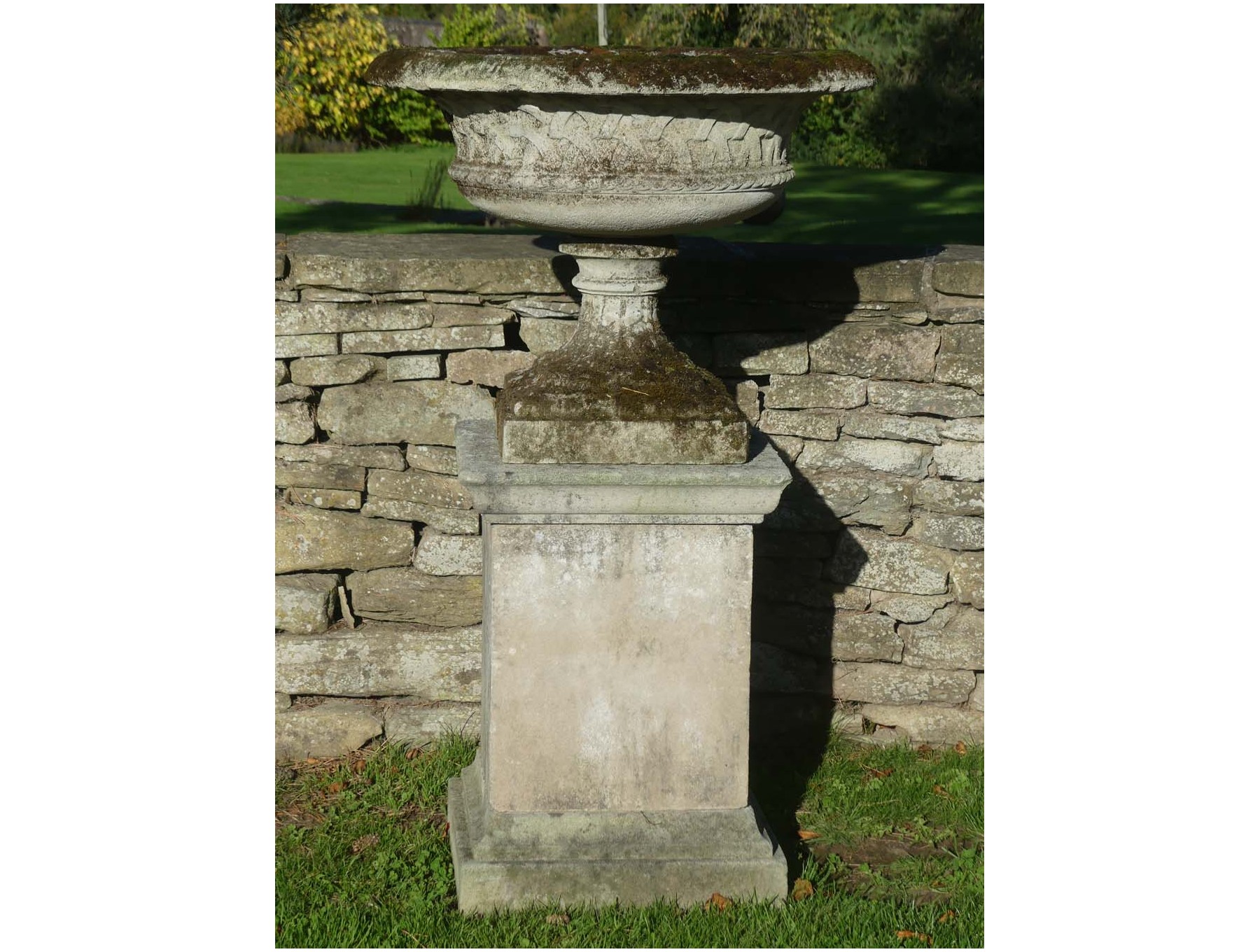 Weathered Haddonstone Urn on Plinth | Holloways Garden Antiques
